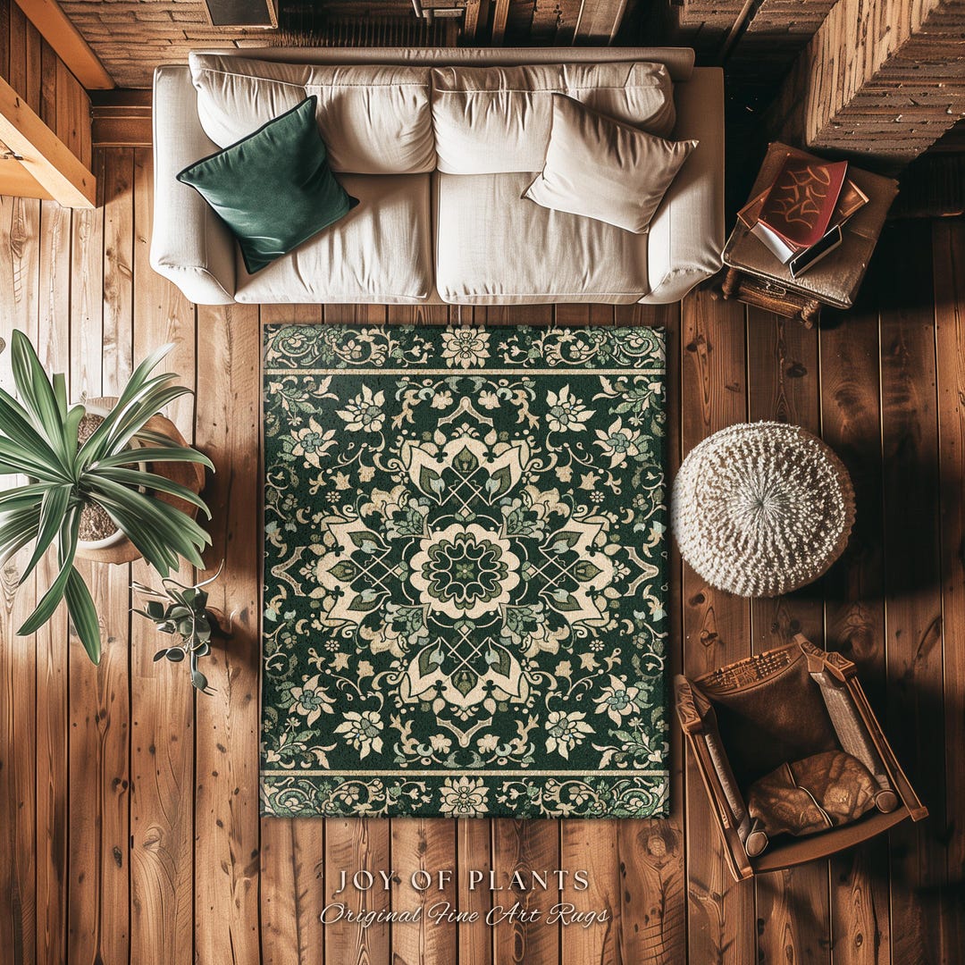 Emerald Pine Floor Rug Forest Green Room Decor Classic Aesthetic Ornate ...