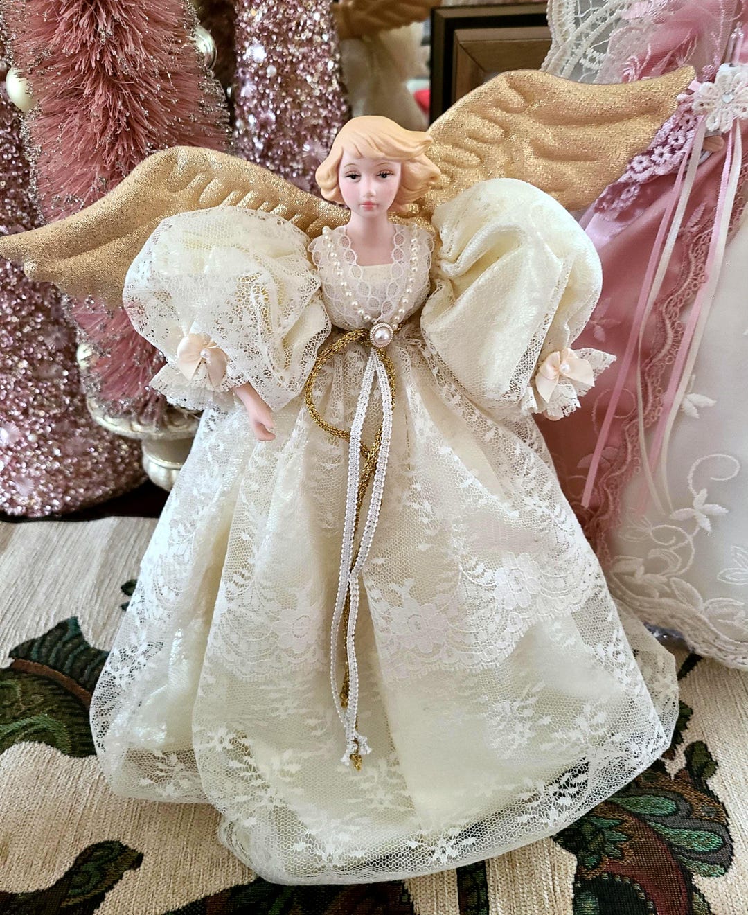 Vintage Angel Tree Topper With Lace Dress and Porcelain Head and Hands ...