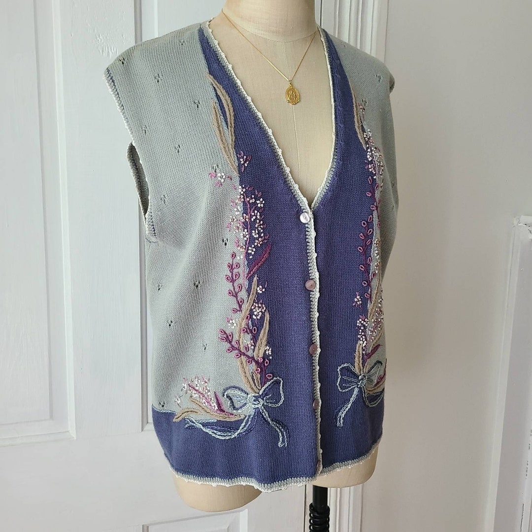 Vintage Cottagecore Floral Embroidered Knit Vest Cardigan - Etsy