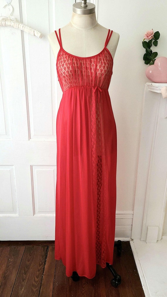 Vintage nightgown cherry red lace maxi gown sheer sli… - Gem