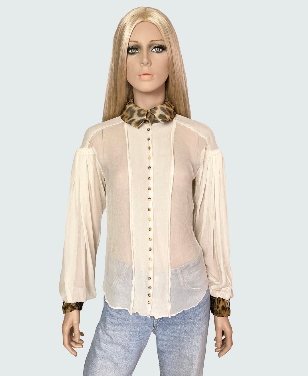 Vintage Saint Laurent Ivory Transparent Blouse, YSL Rive Gauche Leopard ...