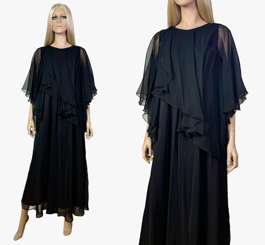 Jean Varon Black Maxi Cape Dress, Black Chiffon Tiered Evening Gown ...