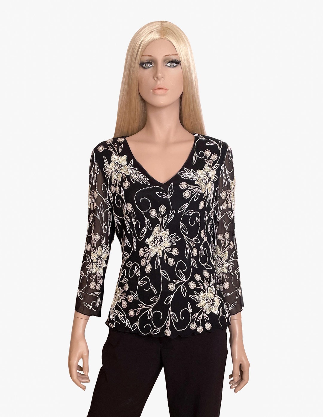 Jacques Vert Beaded Vintage Silk Top, 80s Cocktail Top, Black Vintage ...