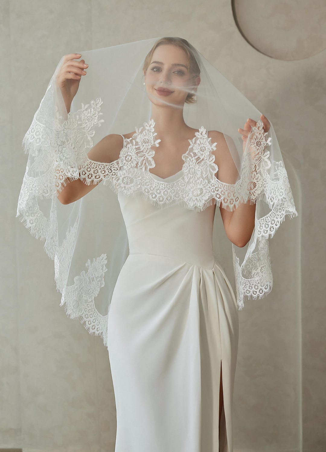 Lace Edge Bridal Veil, Blusher Lace Wedding Veil, Rose Lace Veil, Floor Chantilly Lace Veil ...