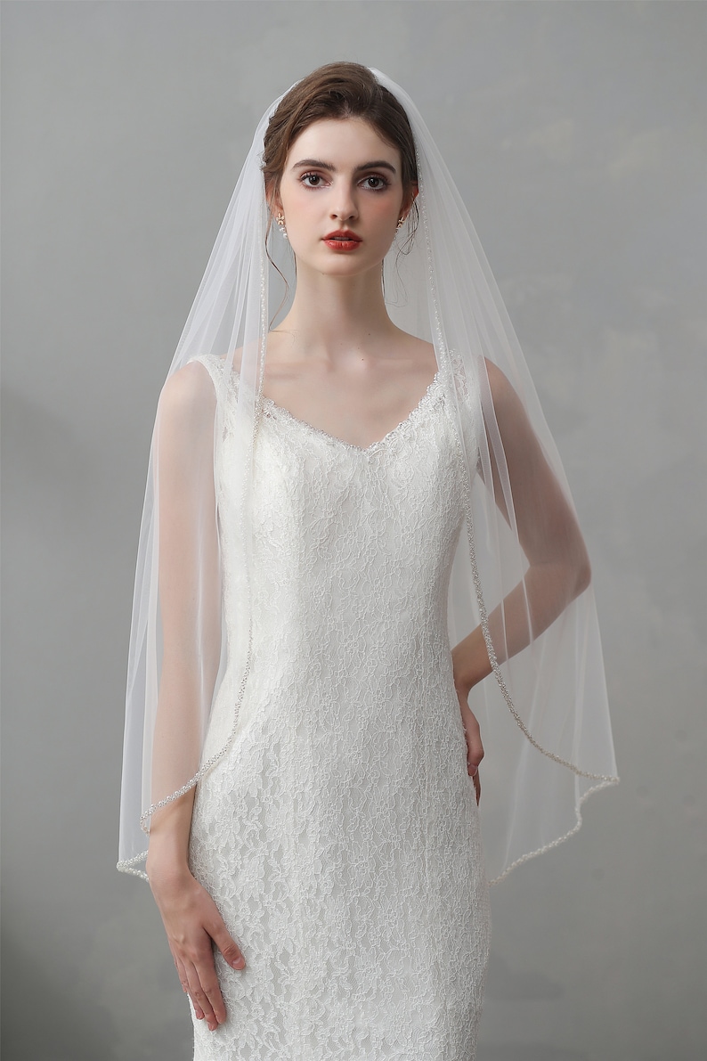 Beaded Bridal Veil Pearls Edge Veil Elegant Fingertip Veil - Etsy