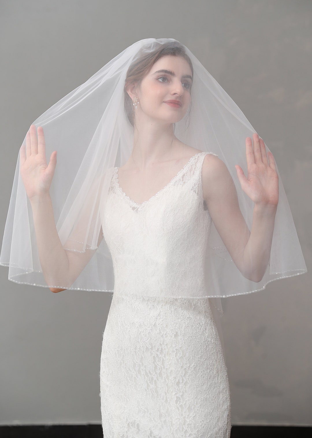 Beaded Edge Veil, Blusher Bridal Veil, Pearls Crystal Soft Tulle Veil ...