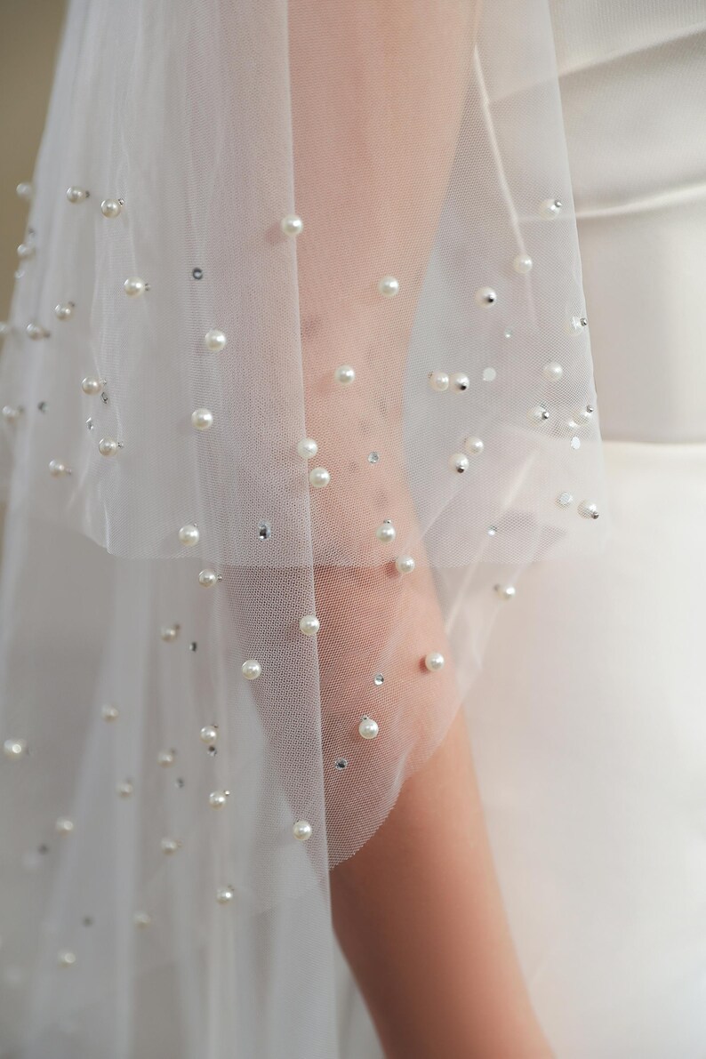 Romantic 2 Tiers Pearls & Crystal Bridal Veil With Blusher, Sparkling ...