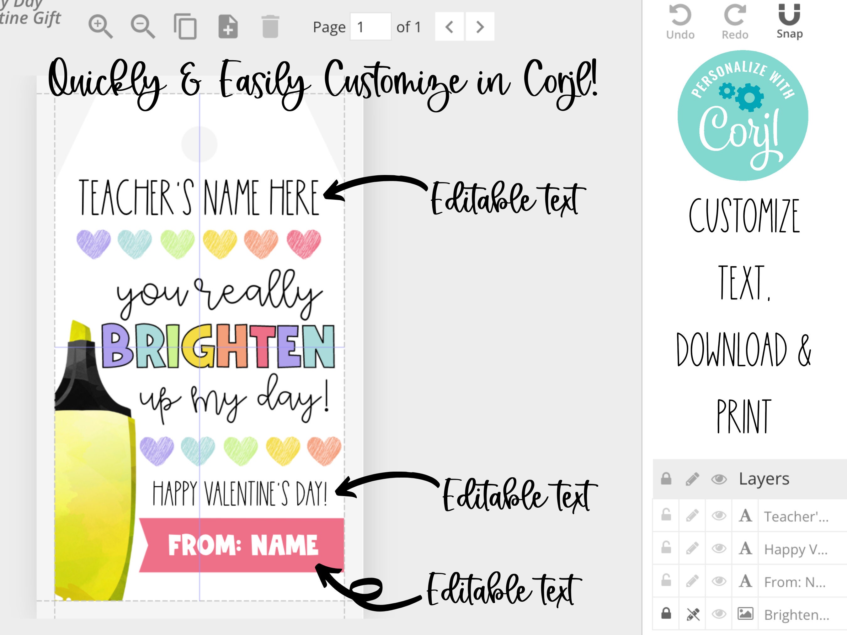 Printable/editable Highlighter Teacher Valentine's Day - Etsy