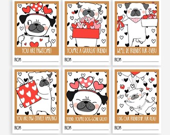 Classroom Valentines Day Cards, Printable Pug Valentine Cards, Kids ...