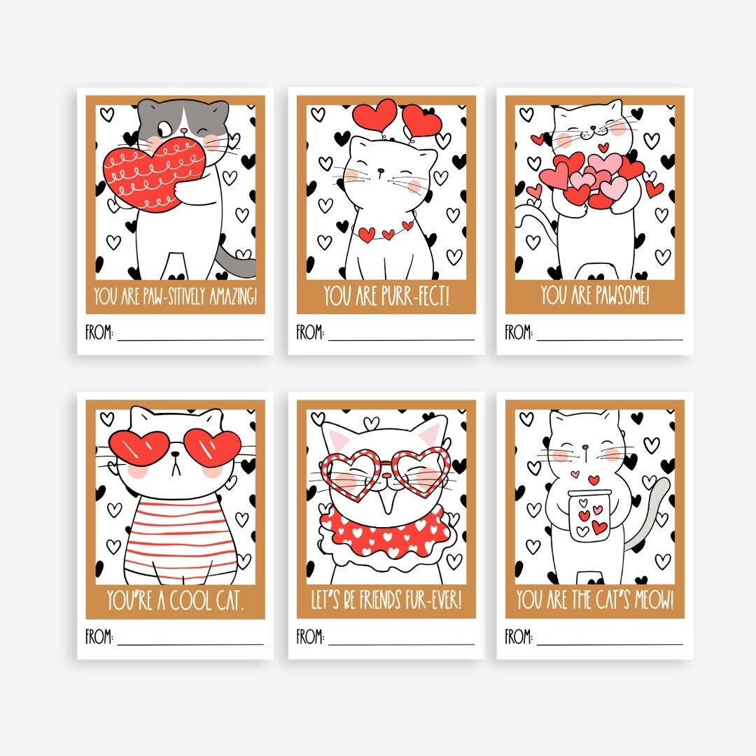 Printable Cat Classroom Valentines, Kitten Valentine Cards for Kids ...