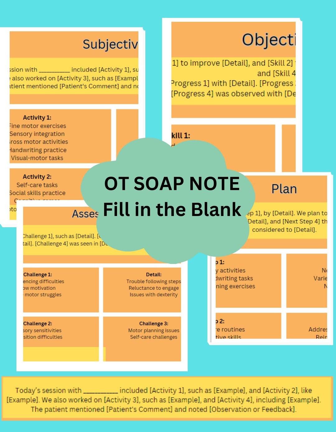 Pediatric OT Daily Session Note Template | SOAP Format | Fill-in-the ...
