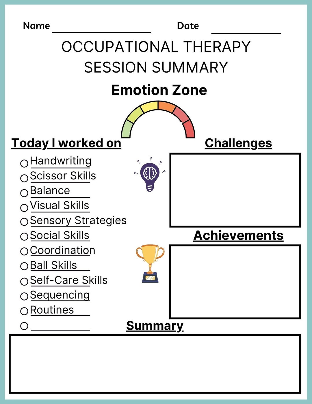 Occupational Therapy Daily Session Note, Parent Handout, Session ...