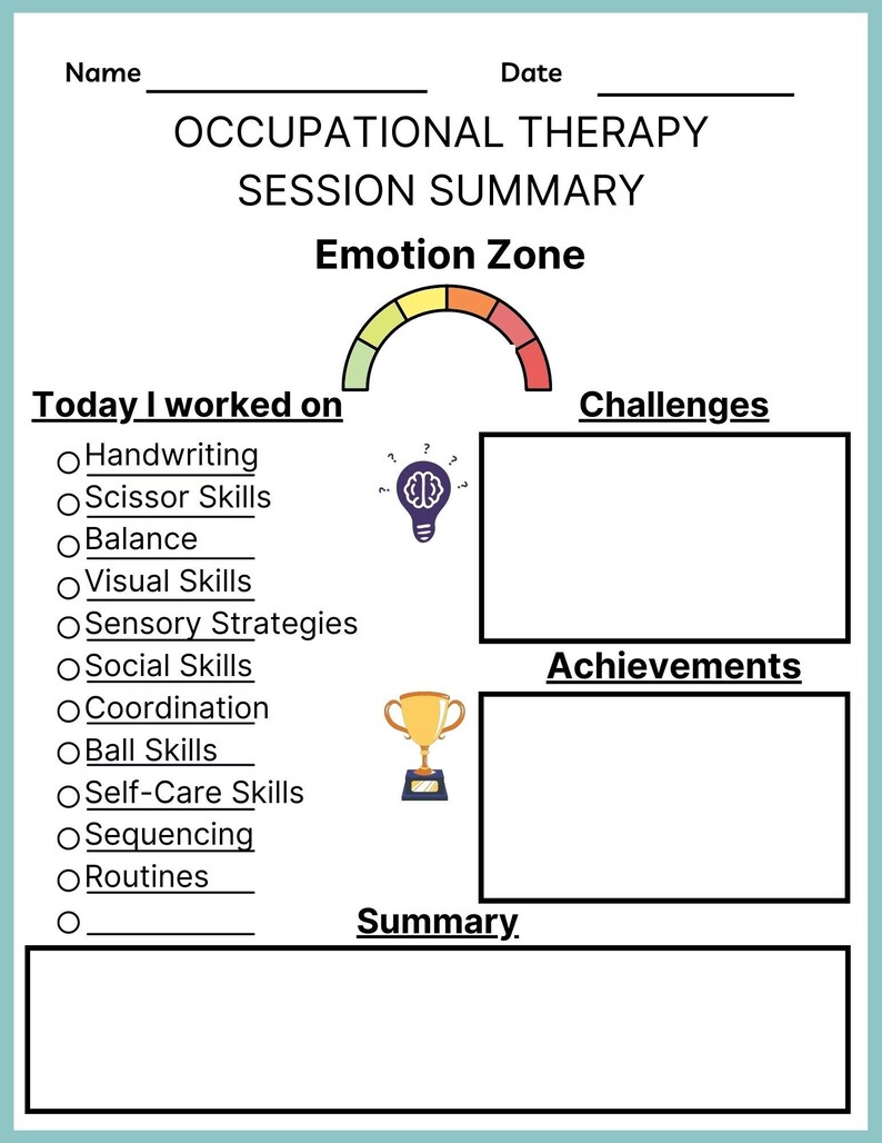 Occupational Therapy Daily Session Note, Parent Handout, Session ...