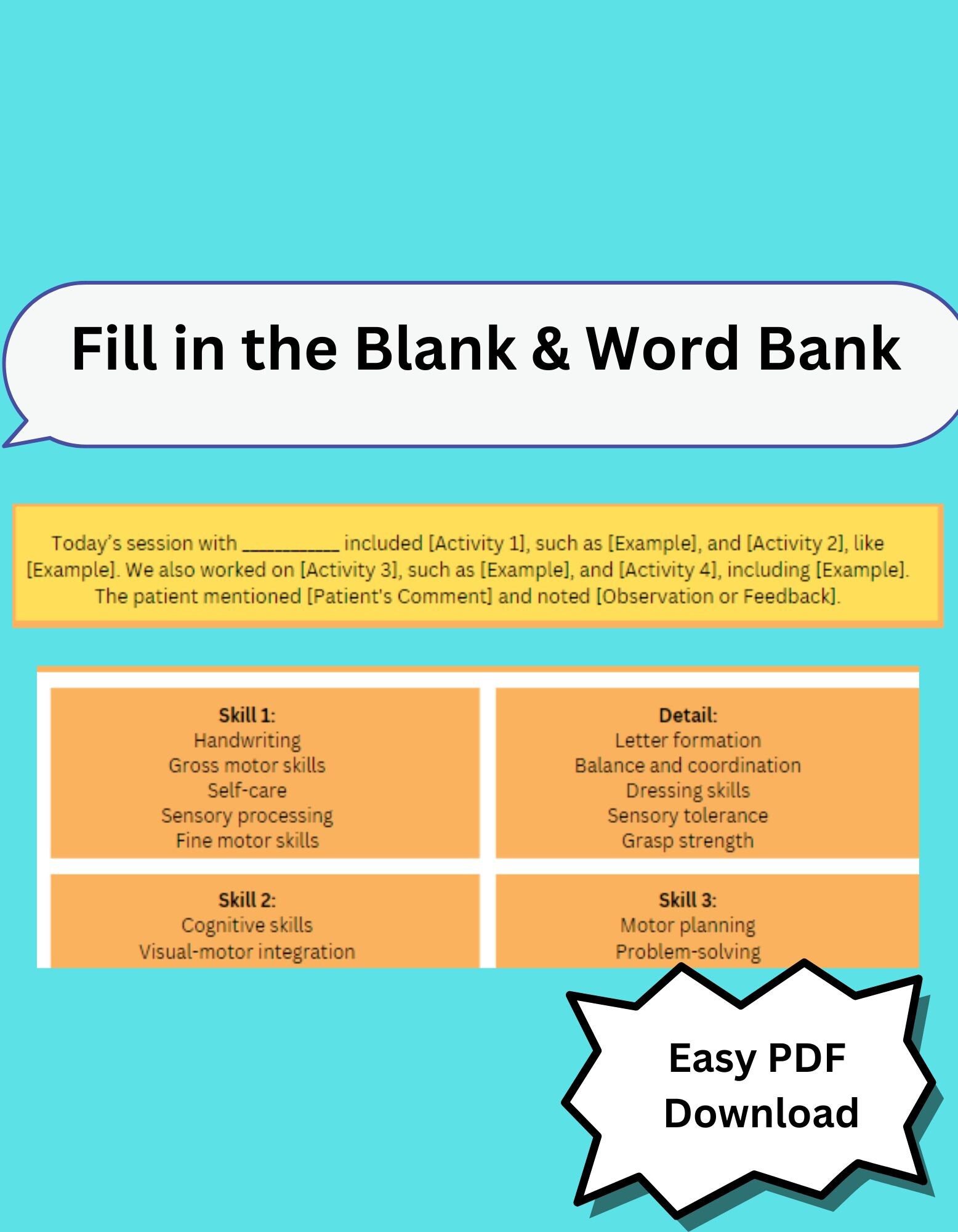 Pediatric OT Daily Session Note Template | SOAP Format | Fill-in-the ...