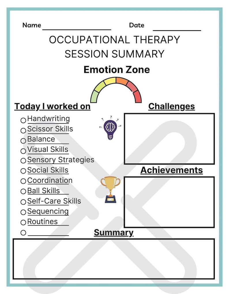 Occupational Therapy Daily Session Note, Parent Handout, Session ...
