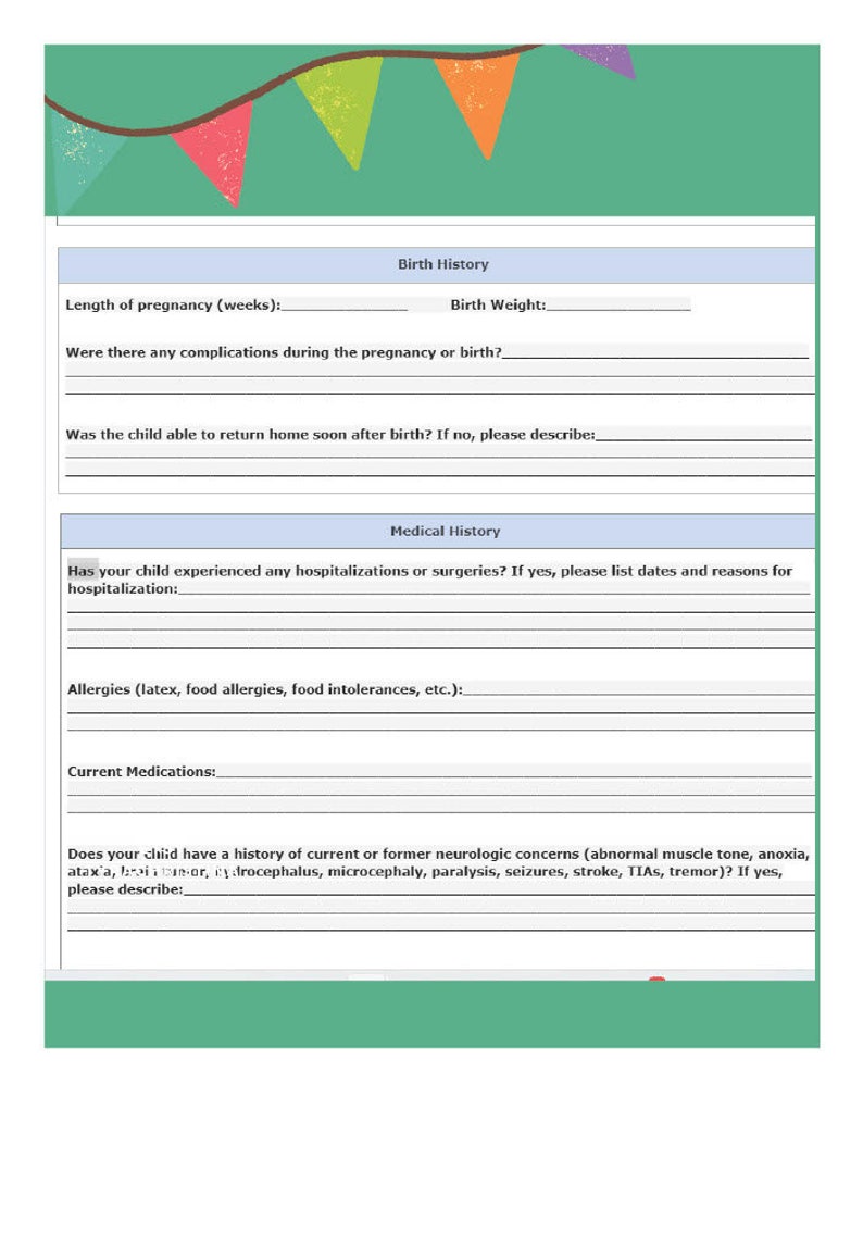 Evaluation Template for Occupational Therapist Printable, Pediatric ...
