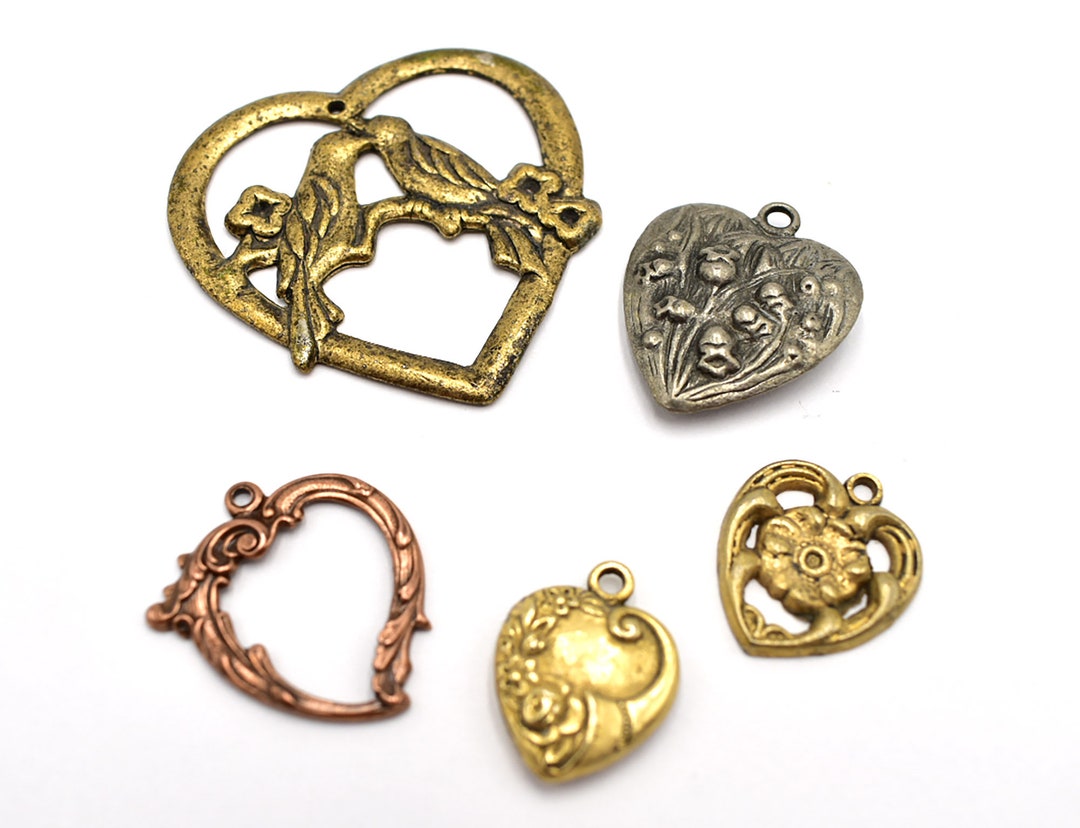 Vintage, Brass Heart Charm Lot, Floral Heart Pendant Lot, Brass Floral ...