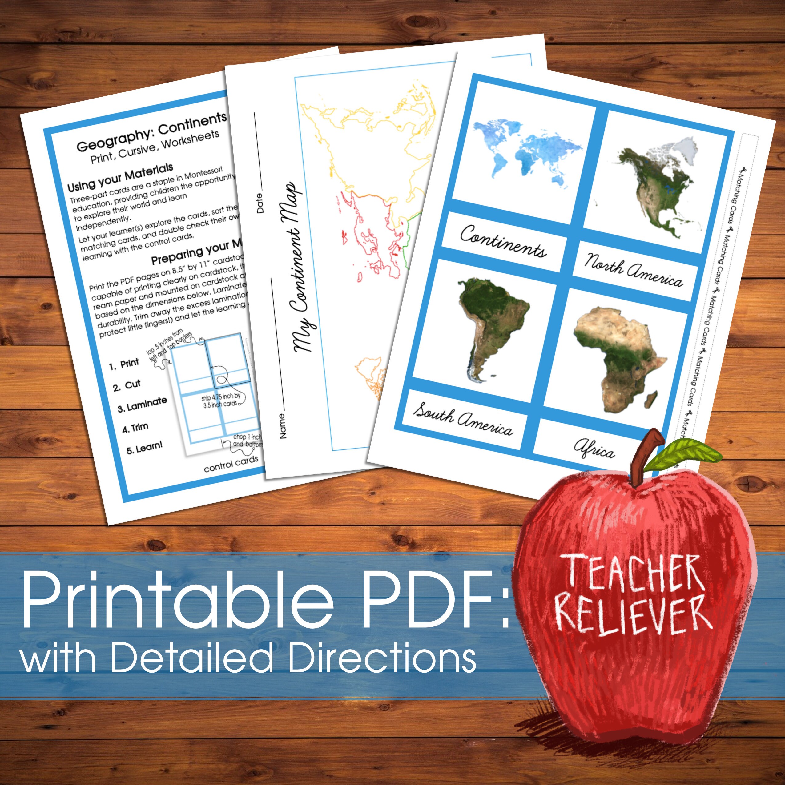 Three-part Cards: Geography Continents + Teach Map Skills + Montessori ...