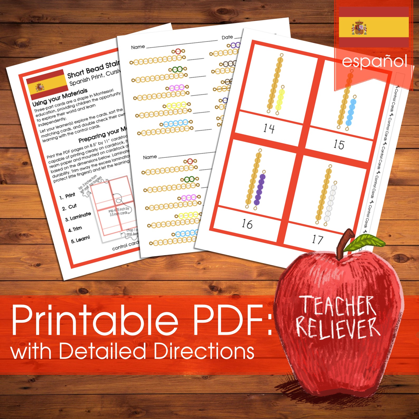 SPANISH Three-part Cards: Short Bead Stair + Teach Teen Number Words ...