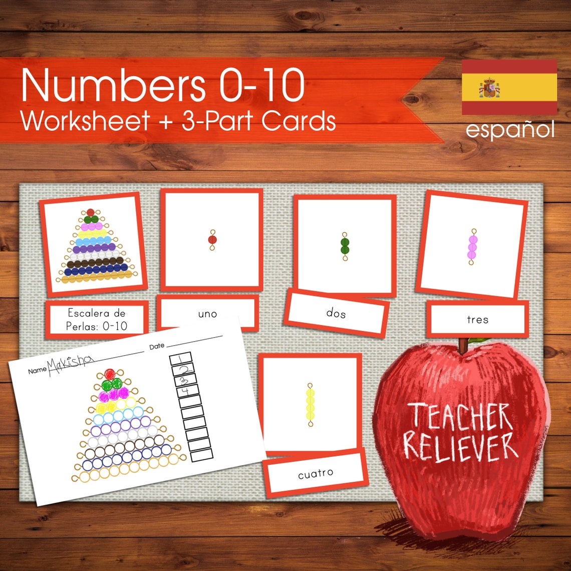 SPANISH Number Bundle: Three-part Cards Golden Beads + Short Bead Stair ...