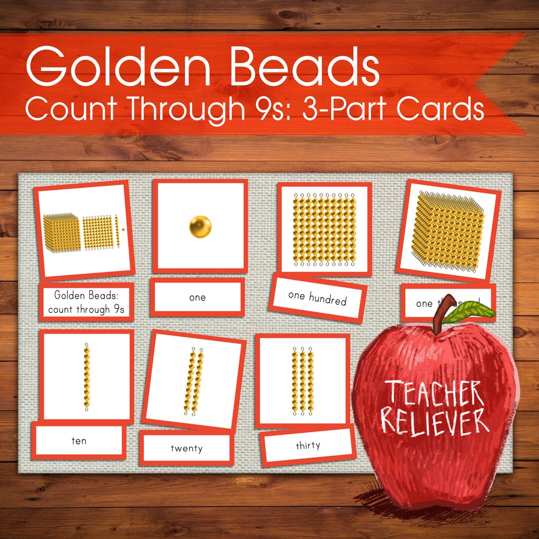 Three-part Cards: Golden Beads Count Through 9s + Teach Number Words ...