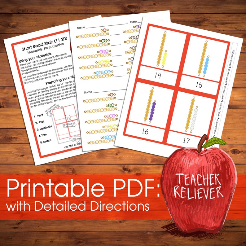 Three-part Cards: Short Bead Stair + Teach Teen Number Words & Numerals ...