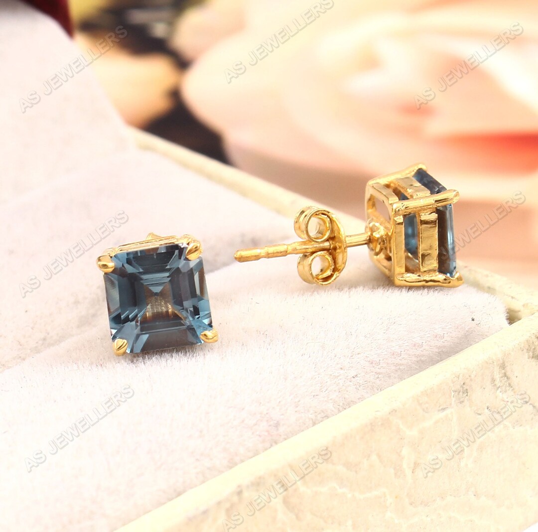 Natural Indicolite Tourmaline Stud Earrings Asscher Earrings Blue Green ...