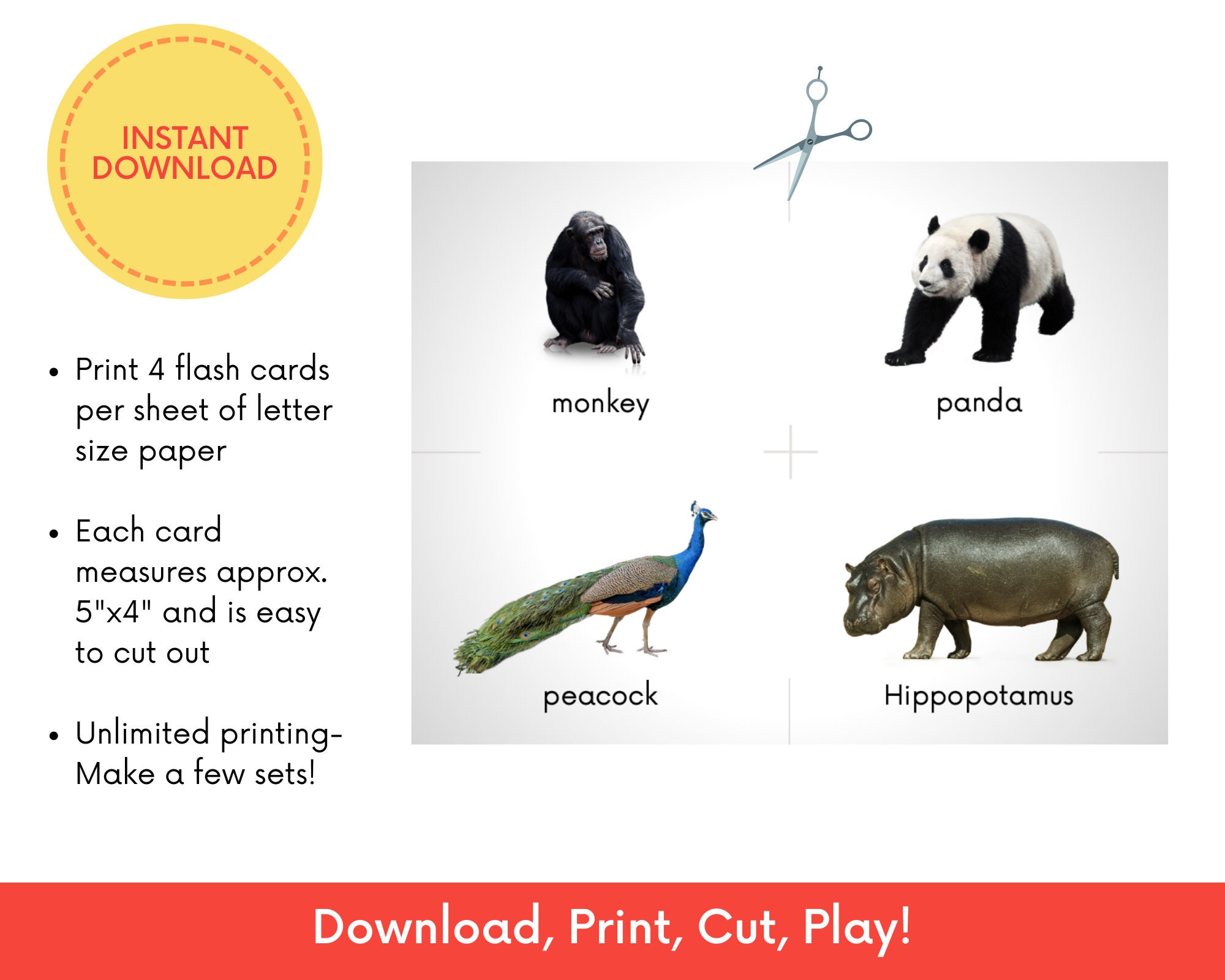 ZOO ANIMALS /montessori Flash Cards / Toddler Activity / Preschool ...
