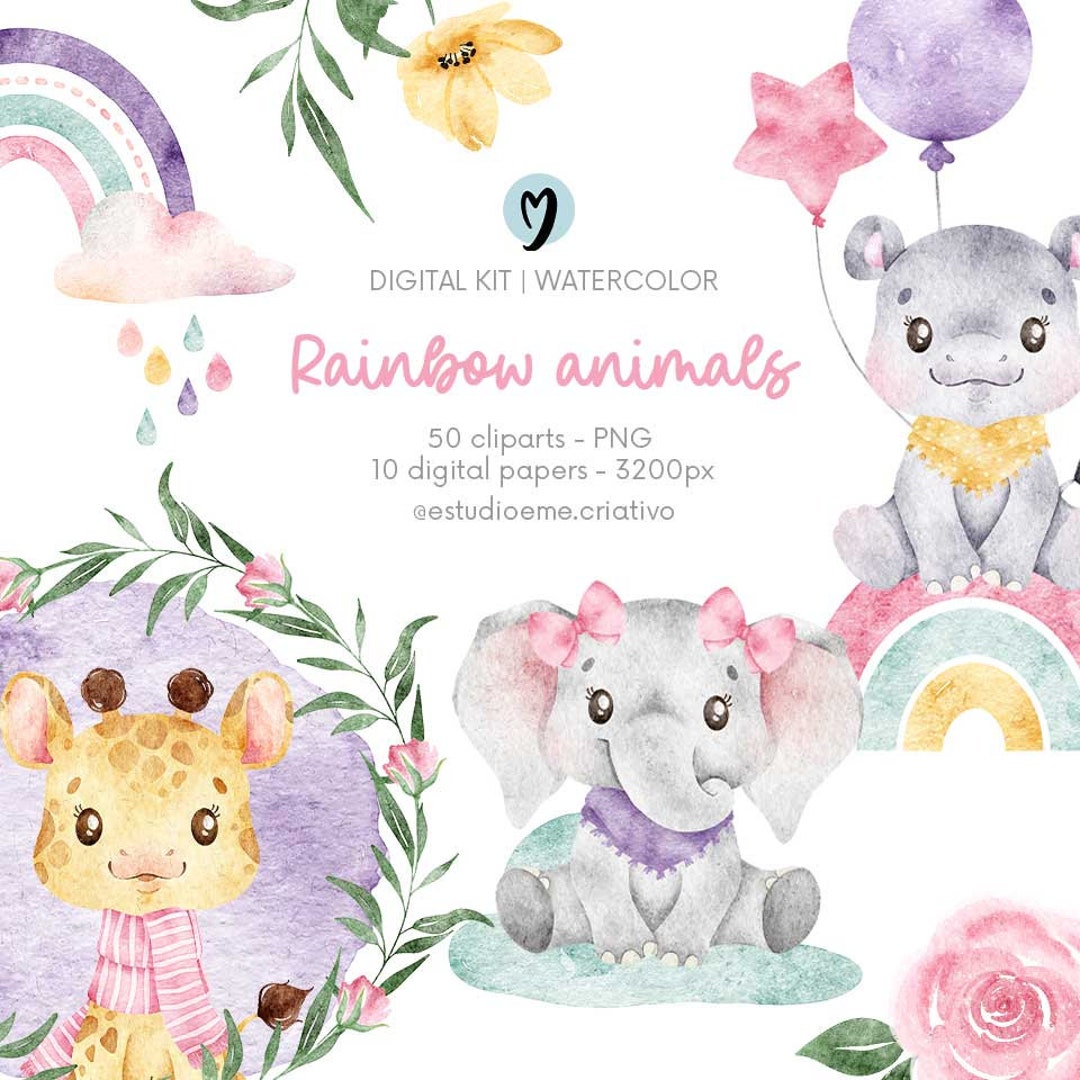 Cute Rainbow Animals Watercolor Clipart Girl, Rainbow Clip Art, Baby ...