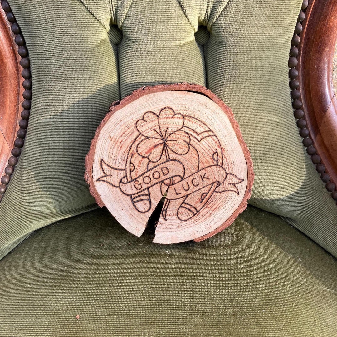 Good Luck Horseshoe Four Leaf Clover Tattoo Inspired Wood Burned Art ...
