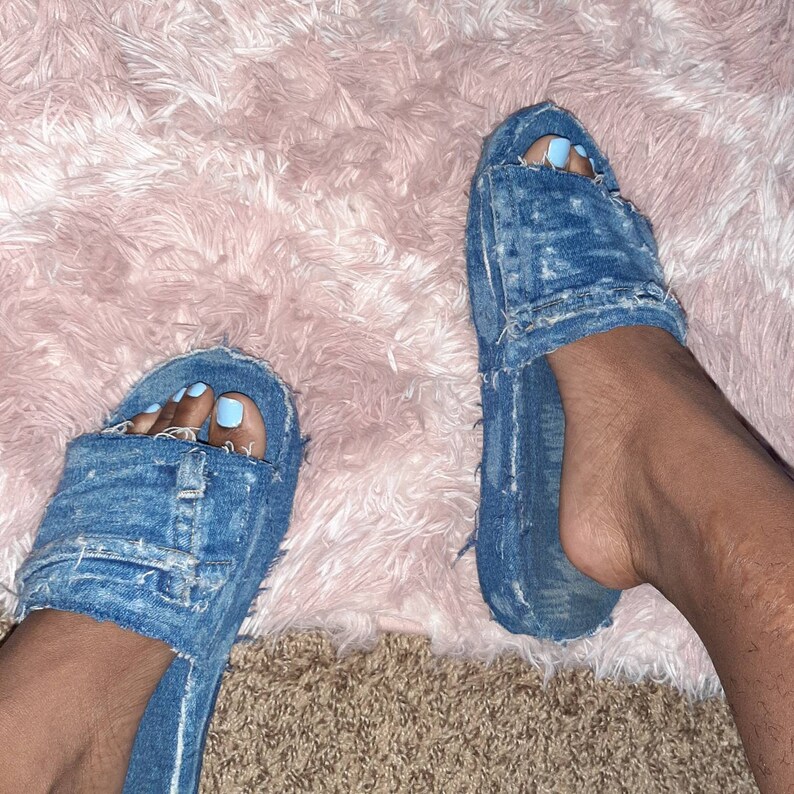 Distressed denim slides | Etsy