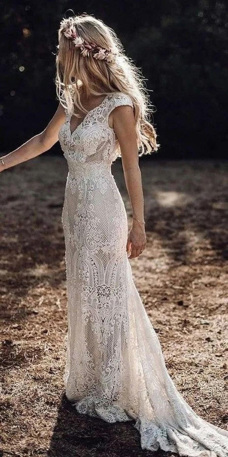 Personalised Boho Long White Lace Wedding Dress Elegant Etsy