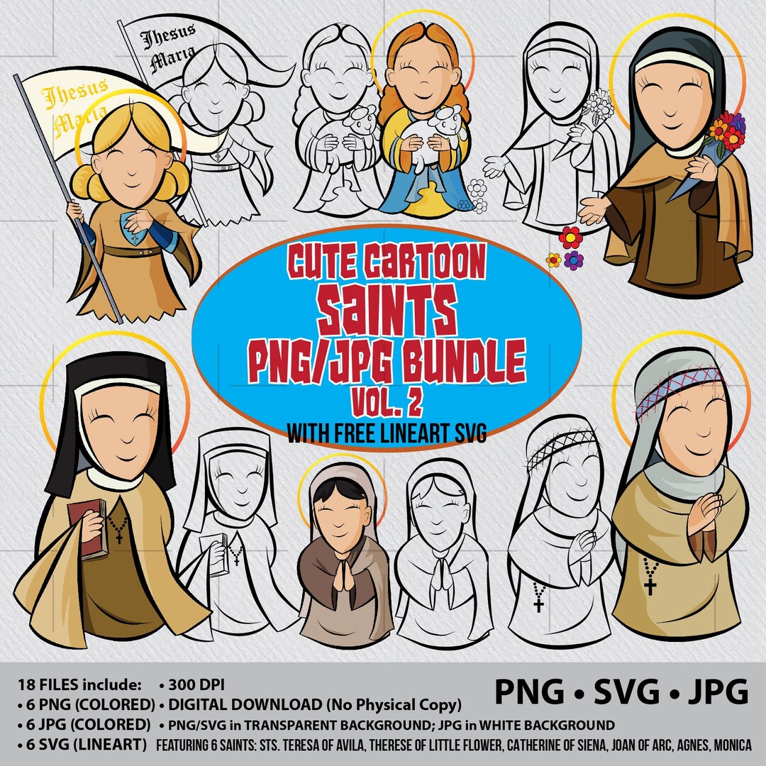 Cute Women Saints Cliparts Bundle, Religious Vector, Saint, Caricature ...