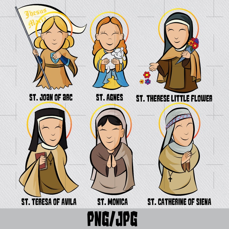 Cute Women Saints Cliparts Bundle, Religious Vector, Saint, Caricature ...