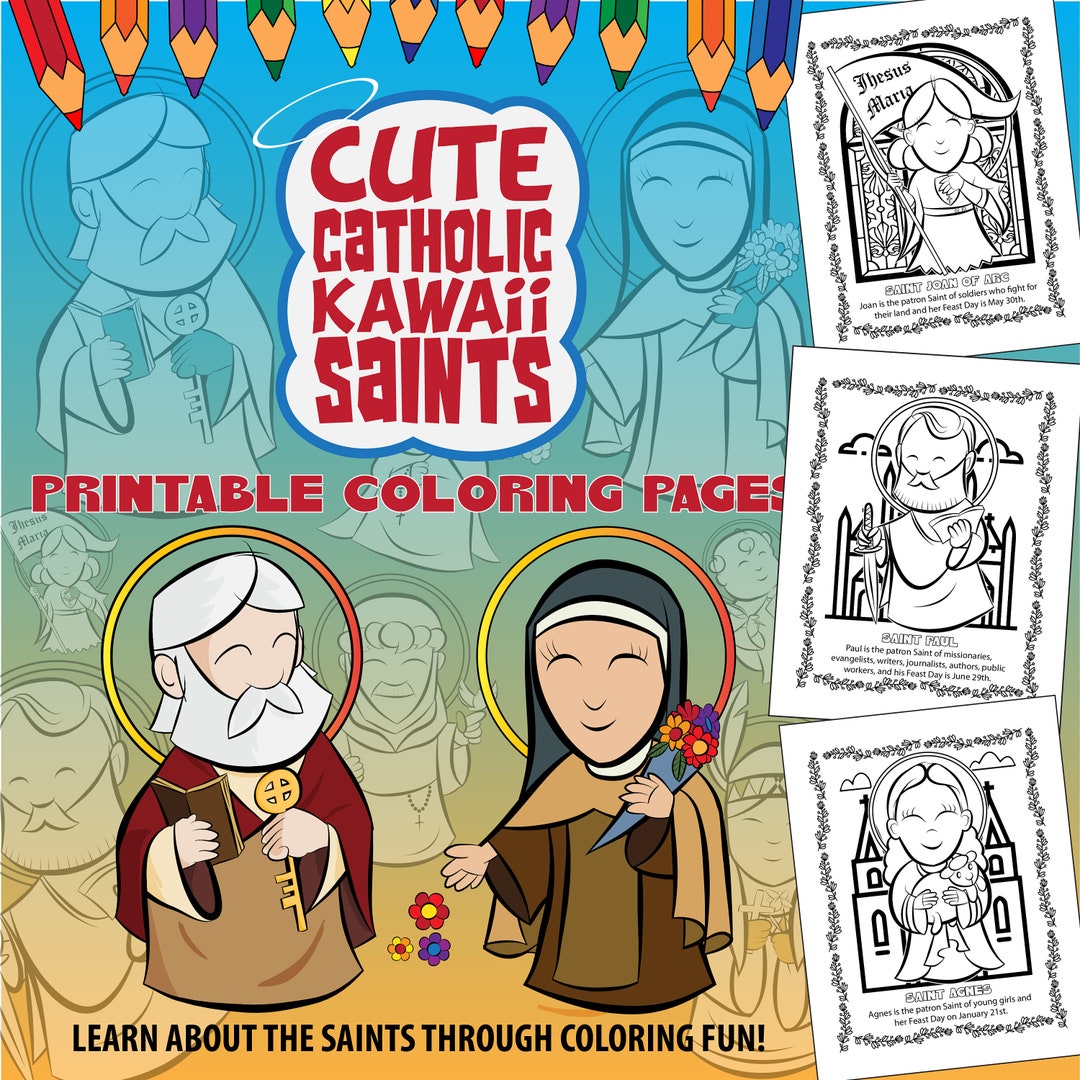Cute Catholic kawaii Saints 20 Printable Coloring Pages, Downloadable ...
