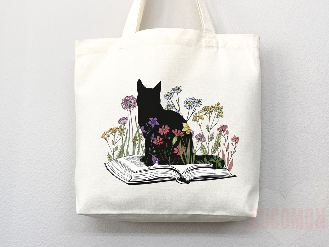 Cat Mom Tote Bag: Book Lover Gift, Floral Cat Design - Etsy