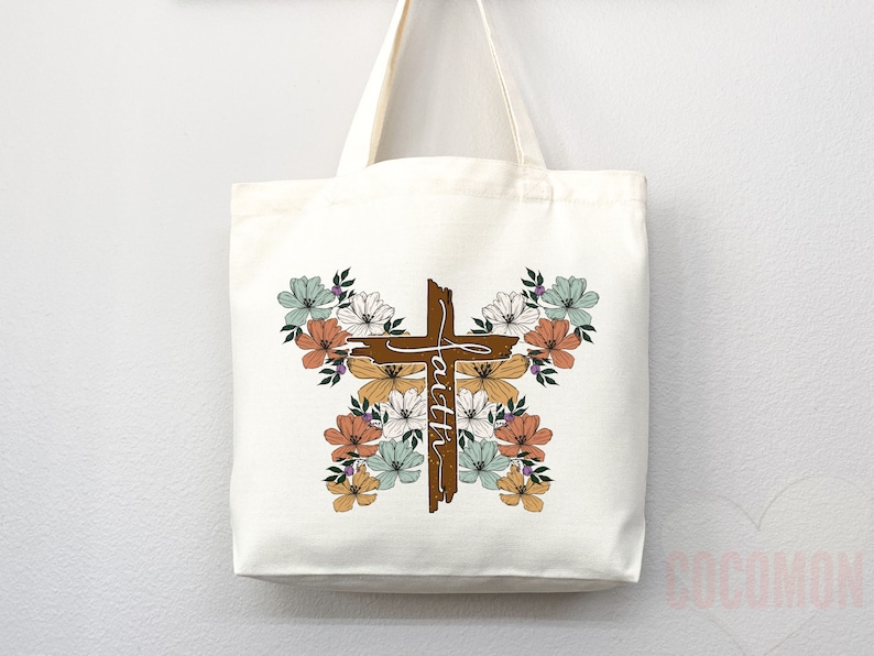 Faith Cross Floral Canvas Tote Bag - Christian Gift - Etsy