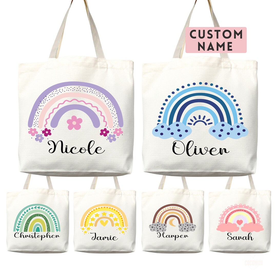 Personalized Name Tote Bag Rainbow School Tote Gift Custom Name Tote ...