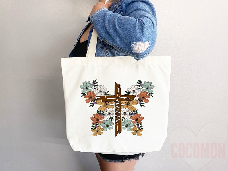 Faith Cross Floral Canvas Tote Bag - Christian Gift - Etsy