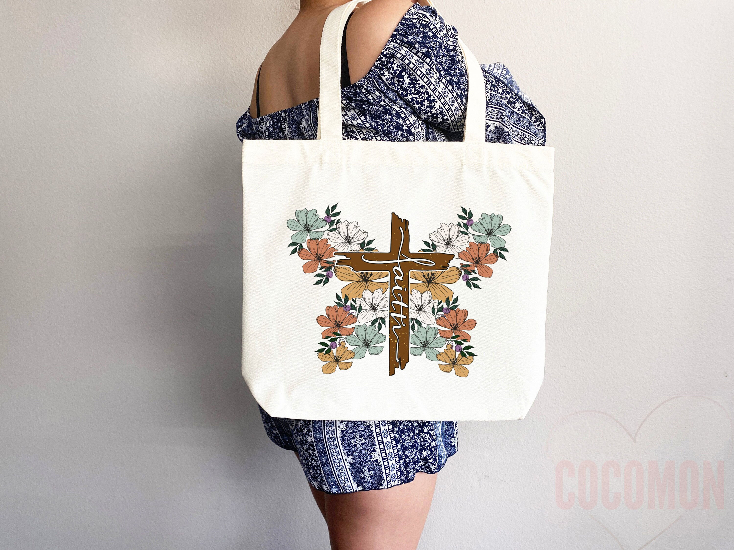 Faith Cross Floral Canvas Tote Bag - Christian Gift - Etsy