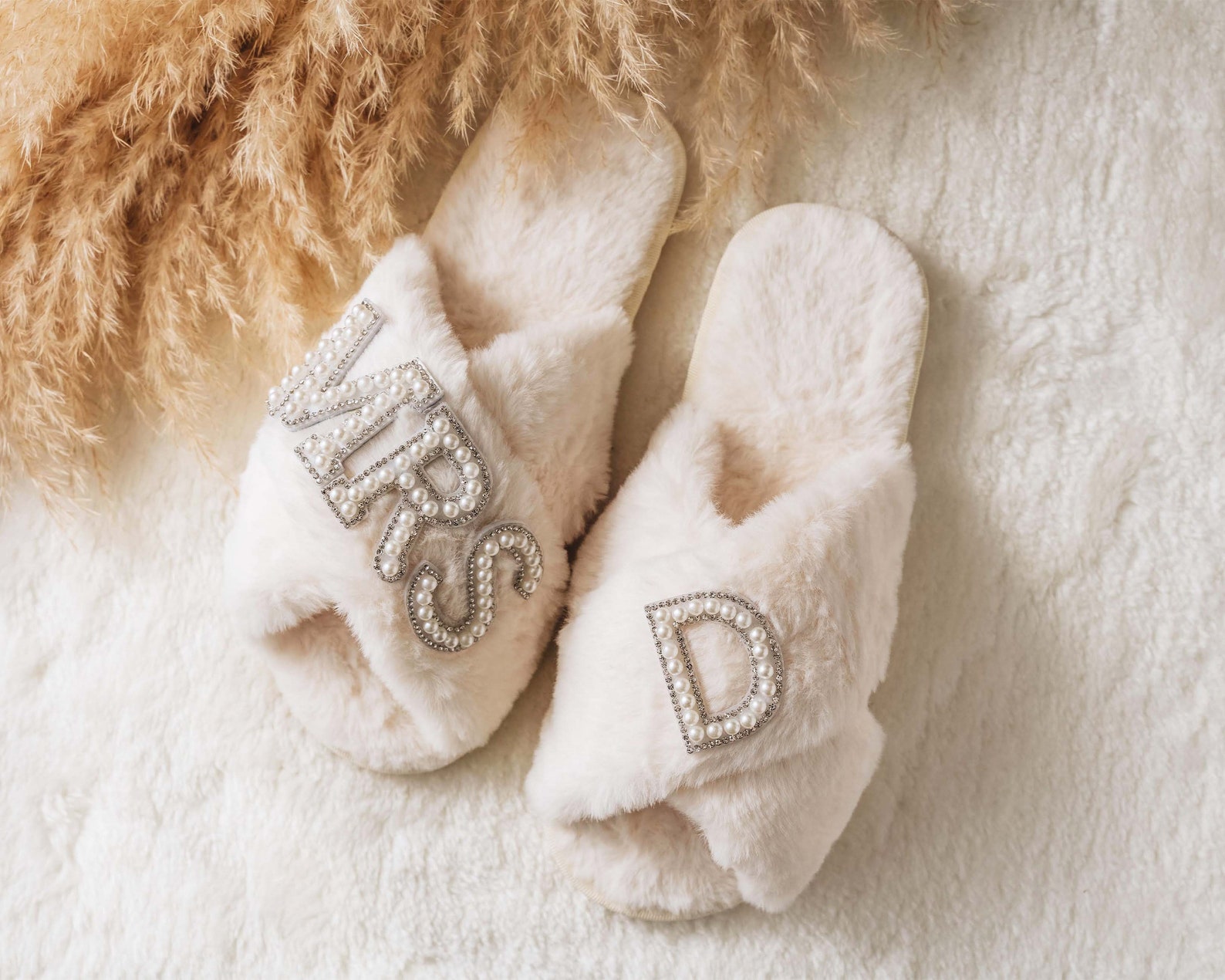 Bride Gift Pearls Slippers Rhinestone Fluffy Slippers Bridal Shower ...
