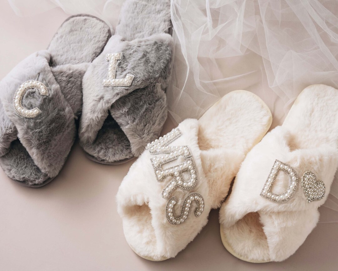 Pearls Bride Fluffy Slippers Rhinestone Mrs Slippers Custom Bridal ...