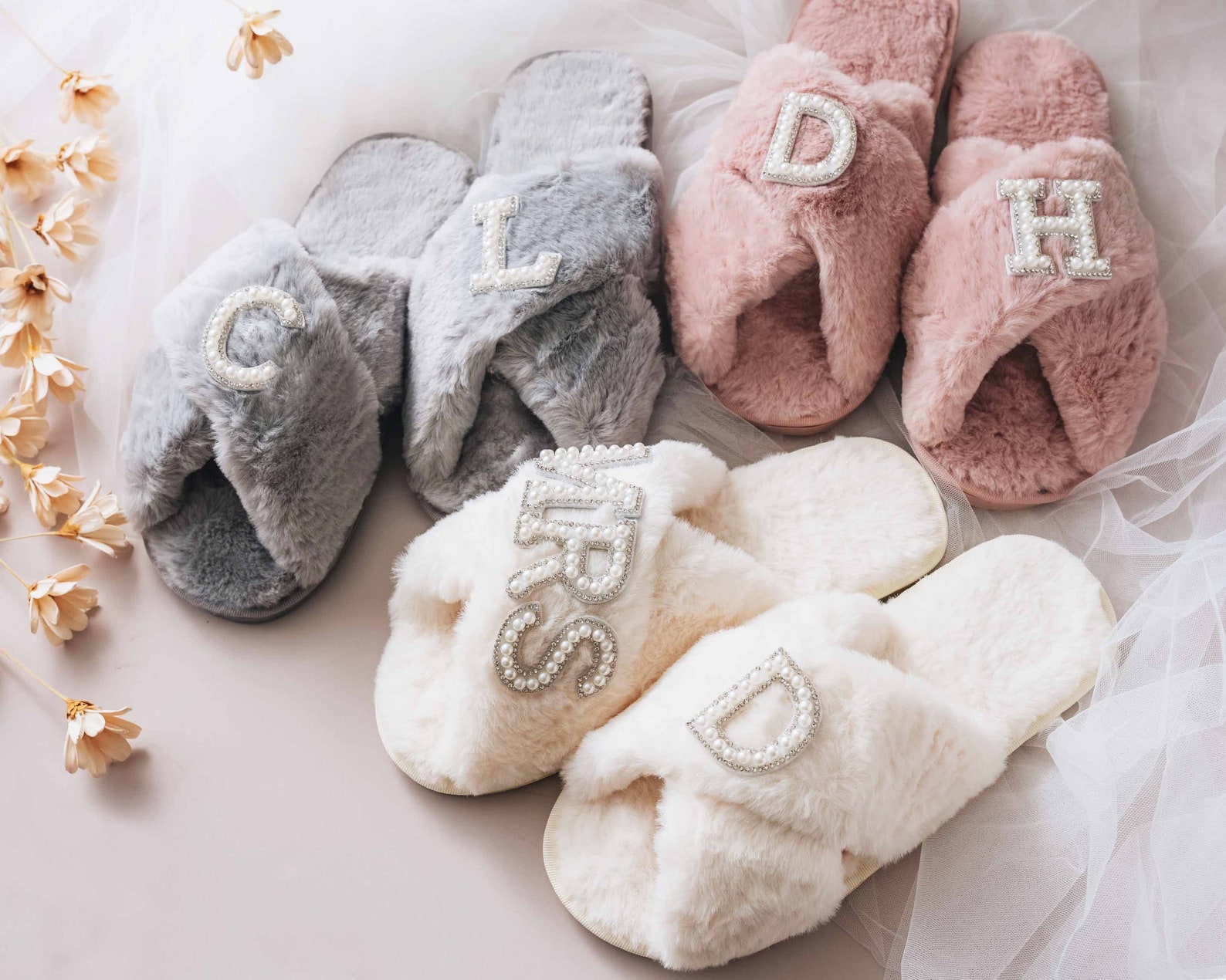 Bride Gift Pearls Slippers Rhinestone Fluffy Slippers Bridal Shower ...