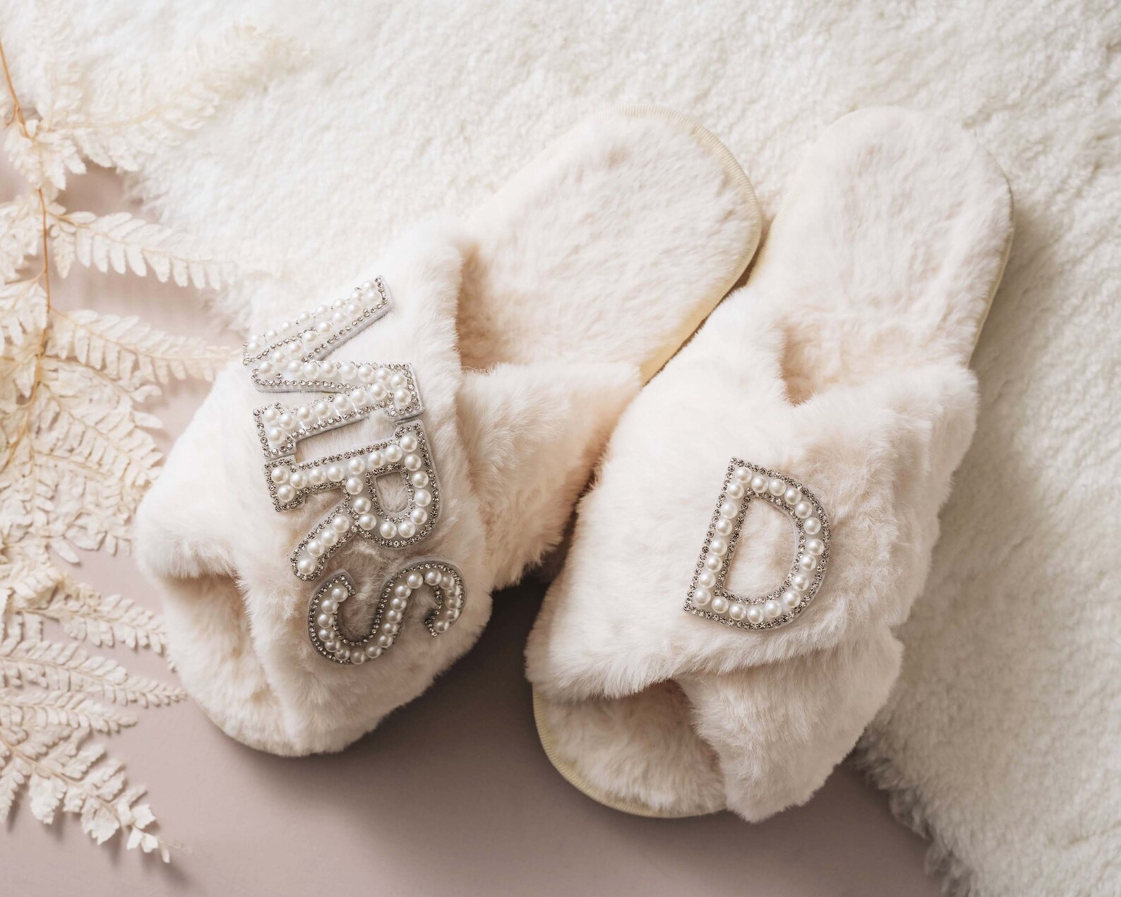 Bride Gift Pearls Slippers Rhinestone Fluffy Slippers Bridal Shower ...