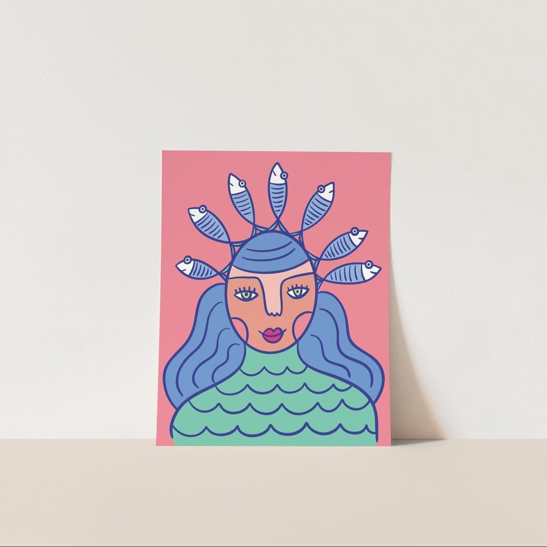 Sardine Queen Art Print: Bold Coastal Portrait, Modern Beach House ...