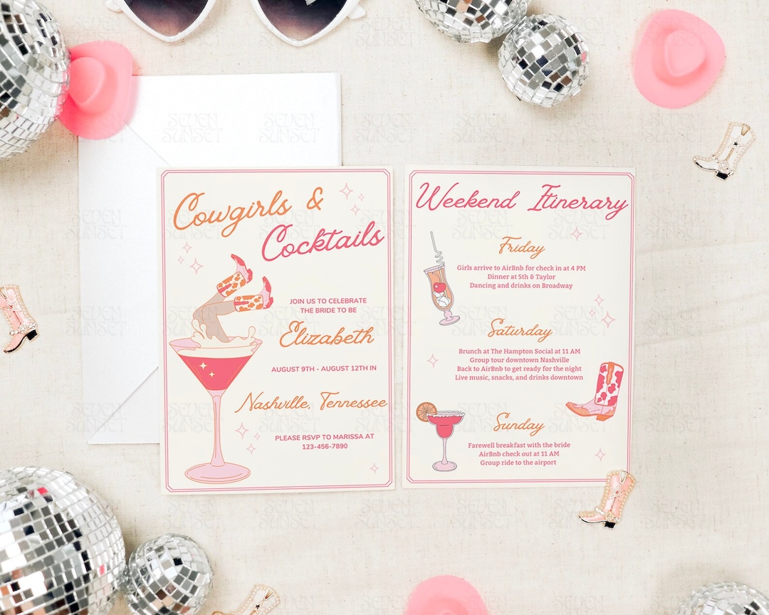 Cowgirls and Cocktails Bachelorette Invitation Cowgirl Bach Itinerary ...