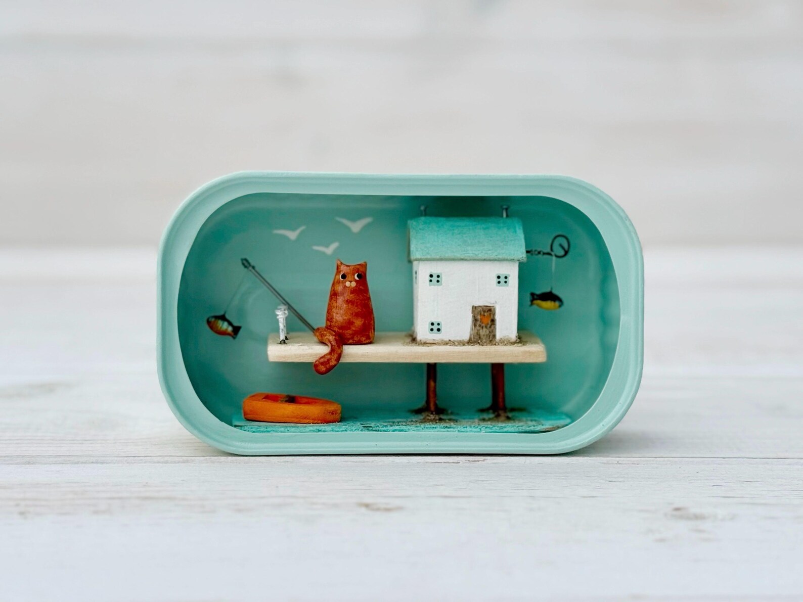 Gone Fishing. Cat Cottage. Handmade Driftwood Scene in a Sardine Tin ...