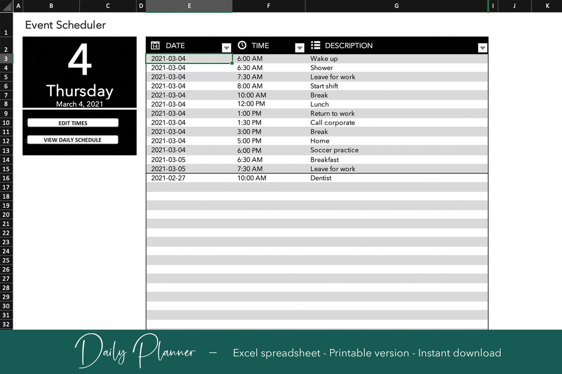 Daily Planner Template, Daily Planner Excel Template With Automated ...