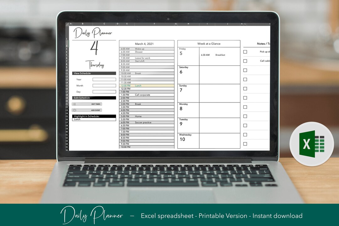 Daily Planner Template, Daily Planner Excel Template With Automated ...