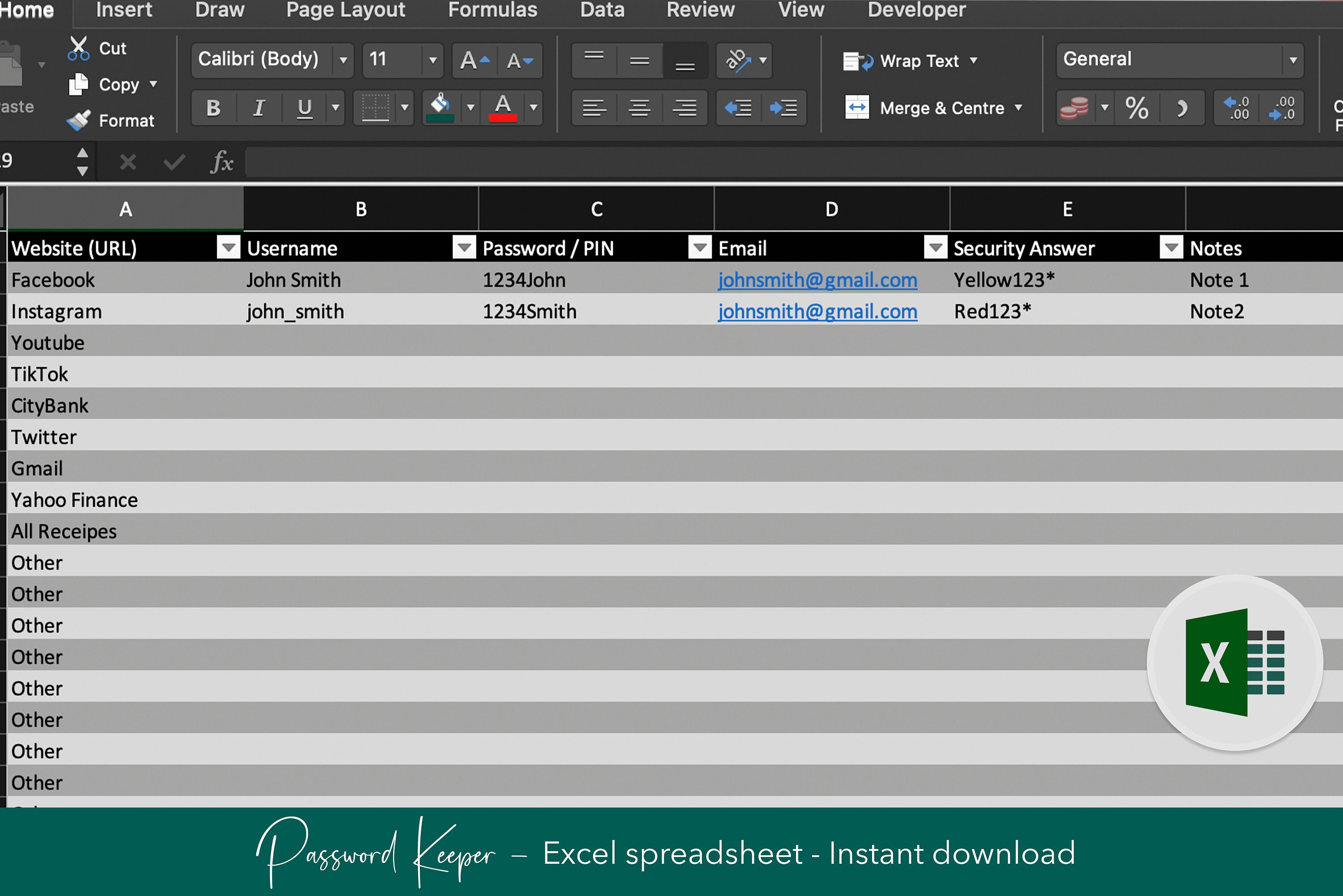 Password Keeper for Excel and Google Sheet, Password Tracker Sheet ...